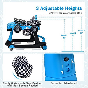 BABY JOY 4-in-1 Baby Walker, Foldable Activity Walker w/Adjustable Height & Speed, Music, Lights, Steering Wheel, Comfy Seat Cushion, Activity Baby Push Walker for Boys Girls Aged 6–18 Months (Blue)