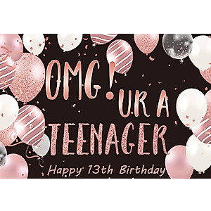 13th Birthday Backdrop Banner, OMG UR a Teenager 13th Birthday Photography Background Black and Rose Gold, 13 Year Old Girls Birthday Party Backdrop Poster Fabric 5x4ft