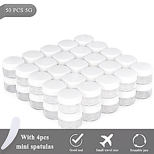50PCS 5 Gram Sample Containers, 5ml Empty Jars with Lids, Small Cosmetic Containers, Mini Sample Jars with 4PCS Mini Spatulas for Make Up, Oils, Lotion, Powder, Paint, Jewelry, Lip Balms(White Lid)