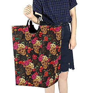 RunningBear Laundry Basket Washing Clothes Hamper - Sugar Skulls Roses Day Dead Collapsible Laundry Hamper Large Capacity Hampers for Bathroom, Bedroom