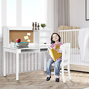 Costzon Kids Desk and Chair Set, Children Study Writing Desk w/Chair, Hutch, Storage, Drawers, Shelves, Cork Bulletin Board, Student Wooden Computer Workstation for Bedroom, Study, Living Room, White
