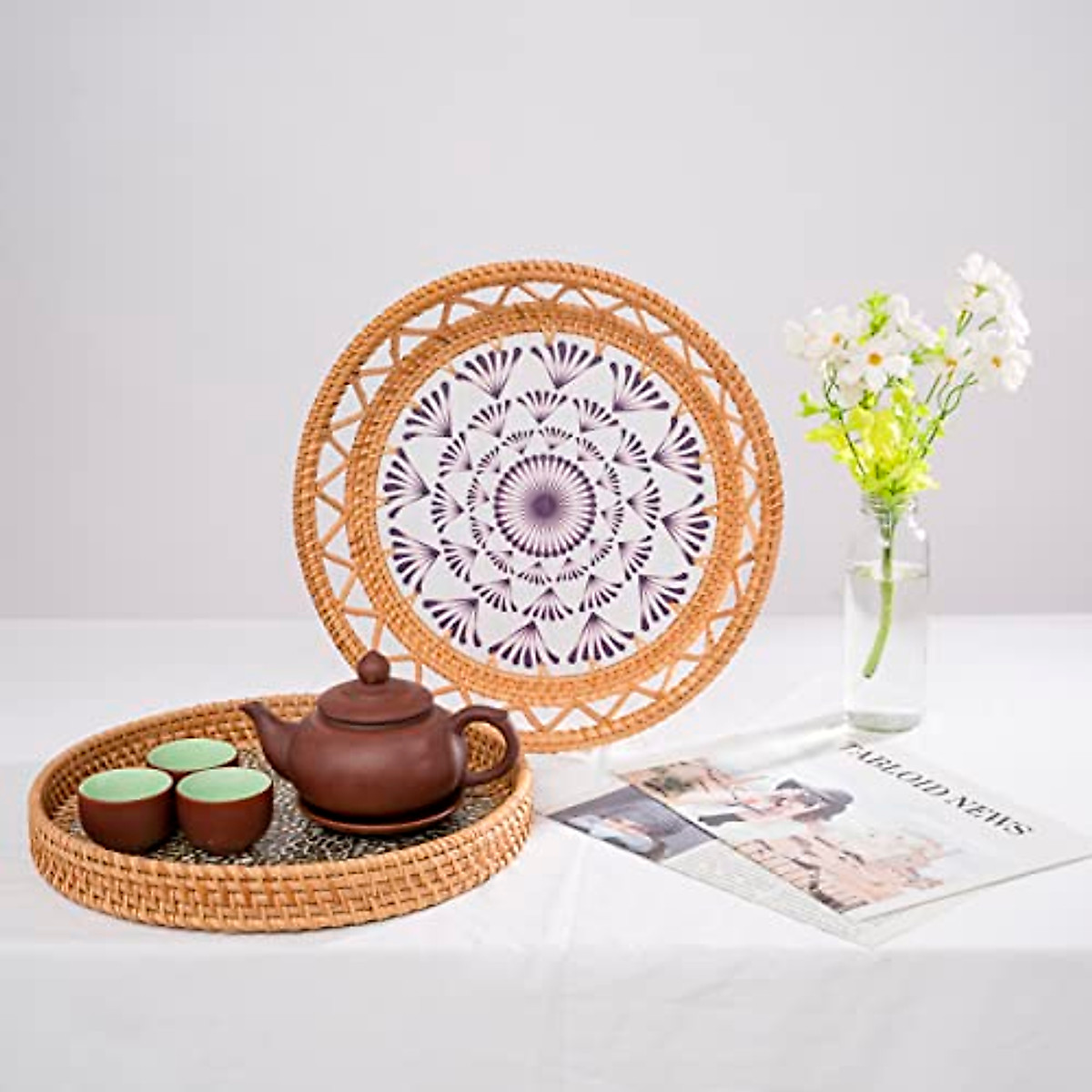 BemiaoCrafts 13" Round Boho Rattan Tray with Wooden Base, Decorative Tray, Rustic Style, Lacquer Serving Basket for Breakfast Food, Round Tray as Coffee Table Decor, Storage and Display