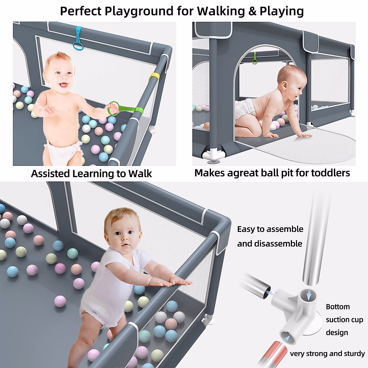 Baby Playpen, 79" x 63" Extra Large Play Yard Playpen for Babies and Toddlers with 50 Ocean Balls, Indoor & Outdoor Safety Baby Activity Center with Breathable Mesh, Anti-Slip Suckers and Zipper Gate