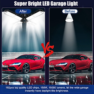 Garage Led Lights 2 Pack, 100W Super Bright LED Garage Lighting, 15000LM, 6500K LED Garage Ceiling Lights with E26/E27 Base, Easy Installation, 8-Leaf Deformable Lights for Garage, Workshop, Warehouse