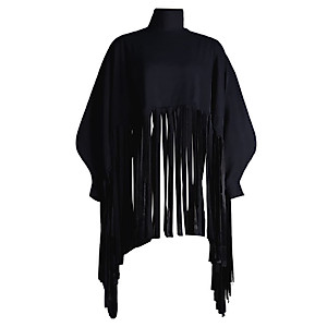 Lucuna Women Fall Winter Casual Sweatshirt Fringe Crop Top High Neck Long Sleeve Cape Coat Pullover Tops