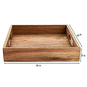 YOUEON Set of 2 Acacia Wood Serving Tray with Handles, 10x10x2 Inch Decorative Serving Trays, Ottoman Tray, Coffee Table Tray, Square Wood Tray for Food, Dinner, Coffee, Wine, Appetizer