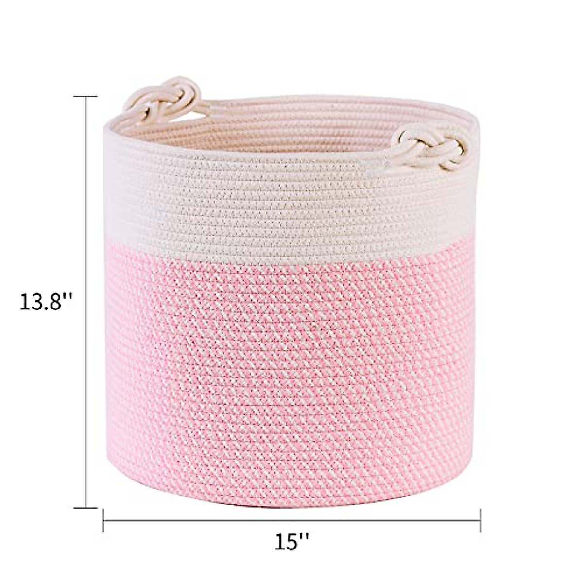Pink Storage Basket, Woven Cotton Rope Basket 15" x 15" x 13.8" Laundry Hamper Blanket Basket with Handle for Baby Girl Toy Cloth Organizing