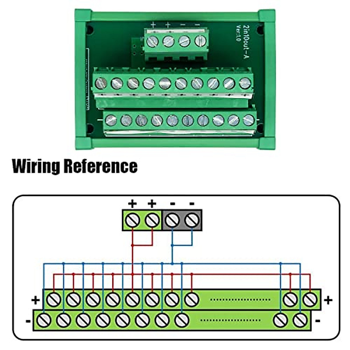 Jienk Screw Terminal Block Power Distribution Module, 25A DIN Rail Mounting Terminal Block Distribution Breakout Board for PLC Servo Power Amplifier (2 in 10 Out)