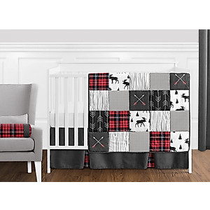 Sweet Jojo Designs Grey, Black and Red Woodland Plaid and Arrow Rustic Patch Baby Boy Crib Bedding Set Without Bumper - 11 Pieces - Flannel Moose Gray