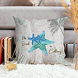 WoGuangis Beach House Throw Pillow Cushion The Beach is Calling Starfish White Linen Pillow Covers Starfish Sea Life Farmhouse Toss Pillows with Zippe for Sofa Living Room 20x20in Housewarming Gift