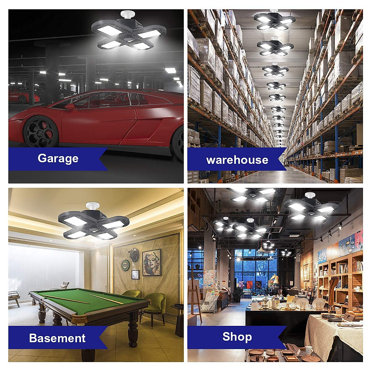 FASCINATE LED Garage Lights 120W, Garage Lighting Deformable E26/E27 LED 12000lm Bright LED Adjustable Ceiling Garage Light Bulb, LED Light for Garage, Barn, Warehouse,Workshop, No Installation