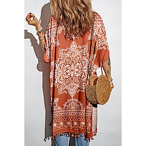Dokotoo Womens Fashion 2025 Print Open Front Long Kimonos Cover up Pop Pop Tassel Split Cardigan Holiday Beach Swimsuit Coverup Swim Bikini Loose Bathing Suit Cover up Swimwear