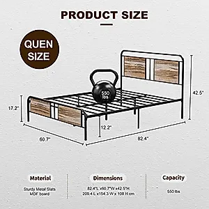 IKIFLY Metal Queen Size Platform Bed Frame with Industrial Wood Headboard/Footboard, Strong Metal Slats, Easy Assembly, Noise-Free, No Box Spring Needed - Wood Brown