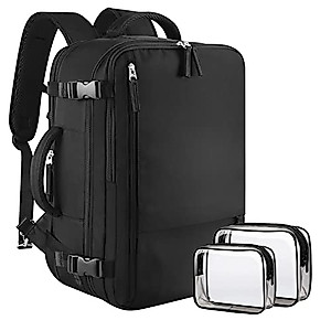 Sinaliy Large Travel Backpacks (Beige+Black), 40L Carry On Backpack, 17 Inch Laptop Backpack, Waterproof Backpack, College Bookbag, Laptop Backpack, Backpack for Women, as Person Item Flight Approved