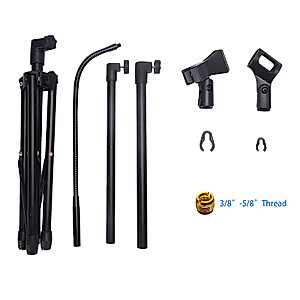 Mic Stand Boom Microphone Stands Tripod Gooseneck mic arm stand Height Adjustable 3'- 6' with Mic Clips and 3/8" - 5/8" Adapter Microphone stand for Singing