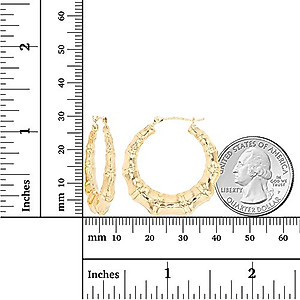 14K Yellow Gold 4.50mm Thick Fancy Bamboo Hoop Earrings with Hinged Clasp | 4.50x30mm Hoop | Round Hoop Earrings | Solid Gold Earrings For Women