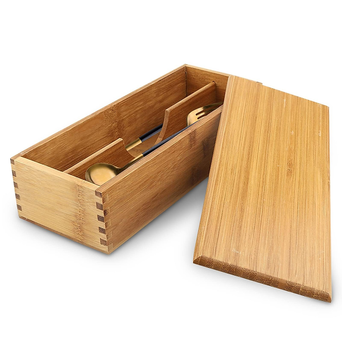 Wooden Cutlery Box with Lid, Small Drawer Organizer Kitchen, Cutlery Organizer in Drawer for Spoon Chopsticks Storage Box Container for Kitchen Countertop Dining Table 27 X 11 X 6.6cm