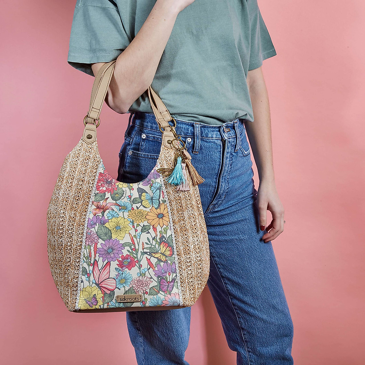 Sakroots Roma Straw Shopper, Petal Pink Flower Blossom