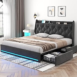 Loomie King Bed Frame with 4 Storage Drawers & Charging Station, Upholstered Platform Bed with Button Tufted Wingback Storage Headboard,LED Footboard,No Box Spring Needed,Wood Slats Support,Dark Grey