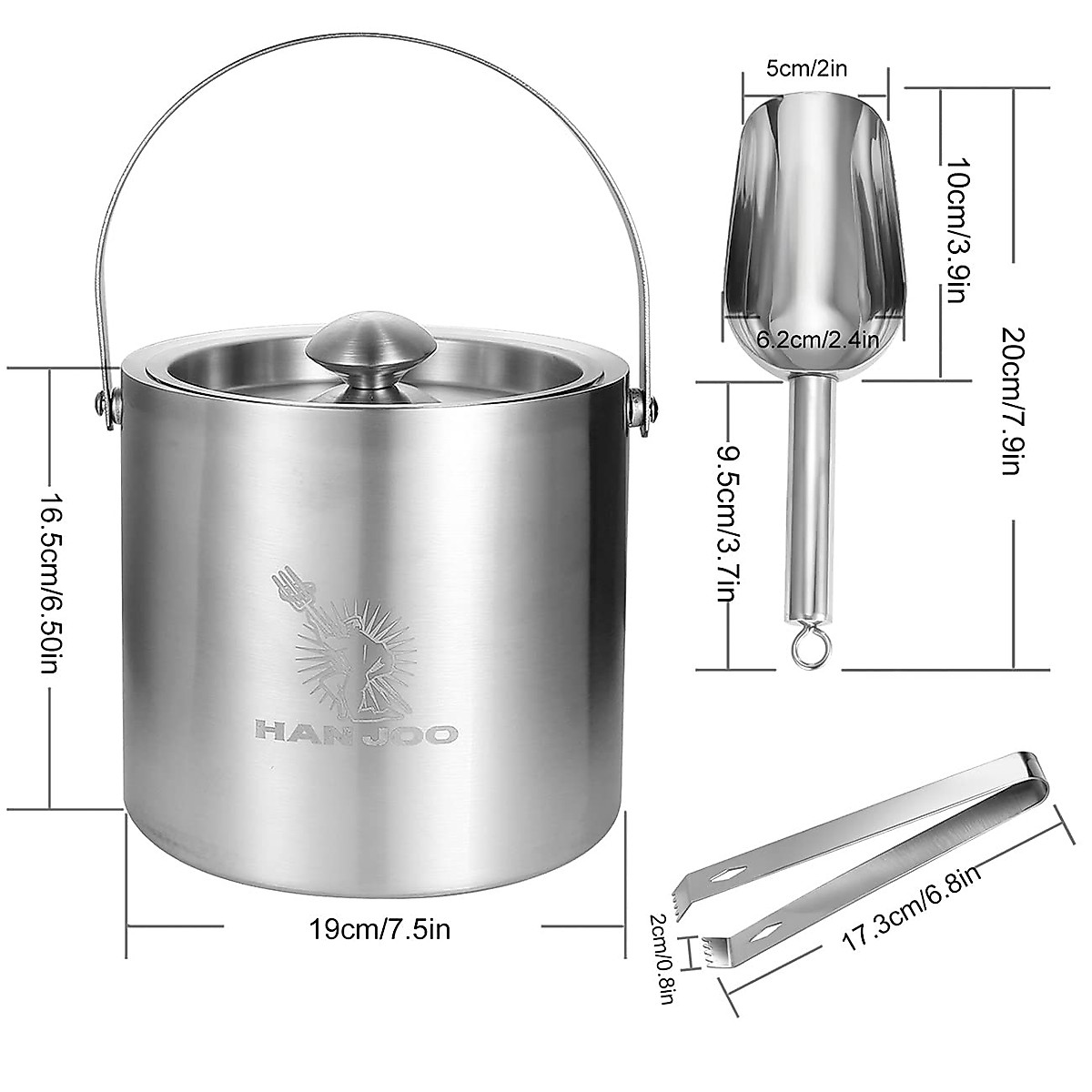Han Joo Stainless Steel Ice Bucket - 3L Capacity with Lid, Scoop, and Tongs for Cocktails, Wine, Beer, Champagne - Keep Drinks Ice-Cold for Parties, Bars, and Events