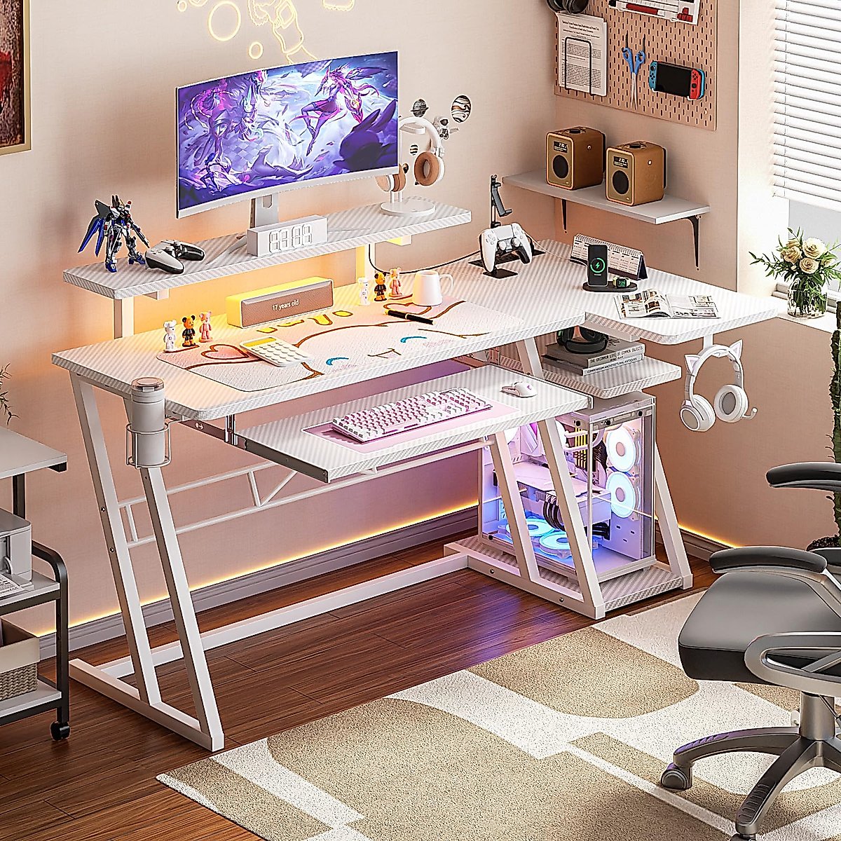 armocity L Shaped Gaming Desk with LED Lights and Outlets, White PC Gaming Desk with Monitor Stand and Shelves, Reversible Gaming Computer Desk with Keyboard Tray & Z-Shape Legs, 47"