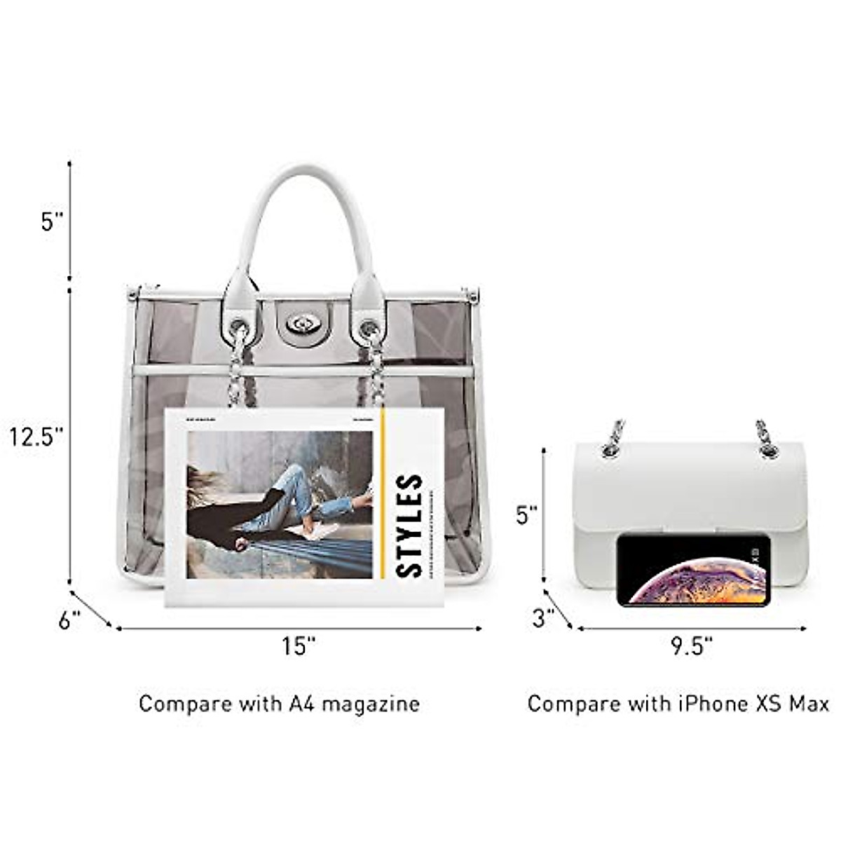 Large Clear Tote Bag Top handle Bag for Women Handbag Messenger Crossbody Purse With Turn Lock Closure (2 Sets) (White)