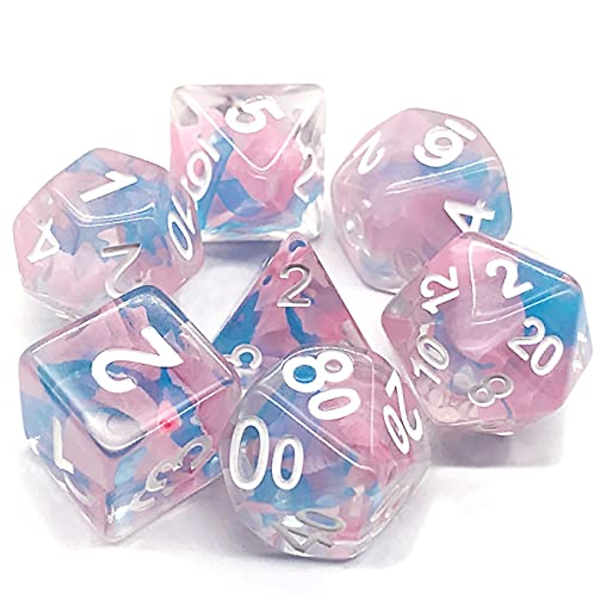 DND Polyhedral Dice RPG Dice for Dungeons and Dragons,Pathfinder,MTG,D&D Role Playing Game,Pink Blue Flower Transparent Dice Set,with Grey Waterproof Bag
