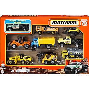 Matchbox Cars 9-Pack of 1:64 Scale Toy Construction Vehicles, Multipack of Realistic Trucks, Collectible Set