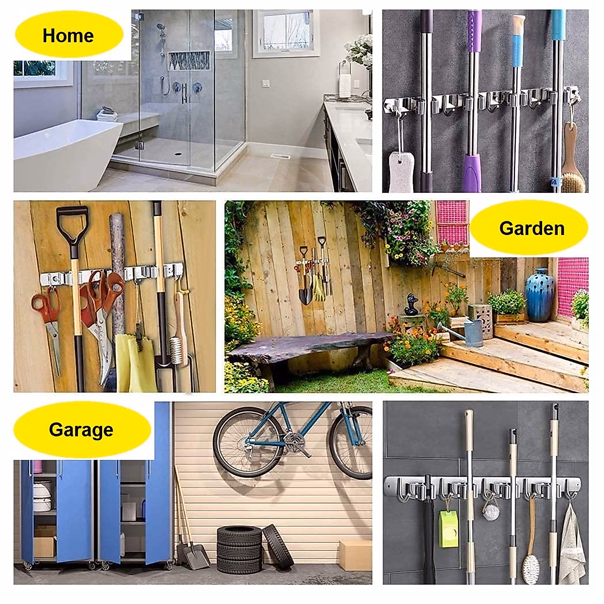 Mokife Mop Broom Holder Wall Mount Heavy Duty Adhesive Tools Organizer Rack Stainless Steel with 4 Positions 5 Hooks for Utility Room, Garage, Laundry, Garden, Kitchen, Bathroom, Toilet and Office