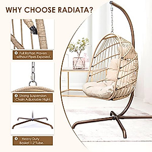 RADIATA Foldable Wicker Rattan Hanging Egg Chair with Stand, Swing Chair with Cushion and Pillow, Lounging Chair for Indoor Outdoor Bedroom Patio Garden (Beige with Stand)