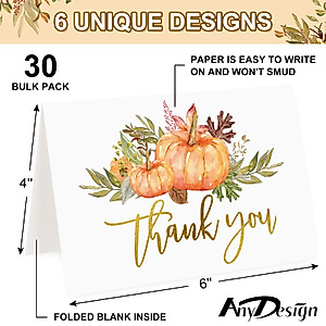 AnyDesign 30 Pack Fall Gold Foil Thank You Cards Bulk Watercolor Maple Leaves Pumpkin Greeting Cards with Envelopes Stickers Blank Note Cards for Autumn Thanksgiving Baby Shower