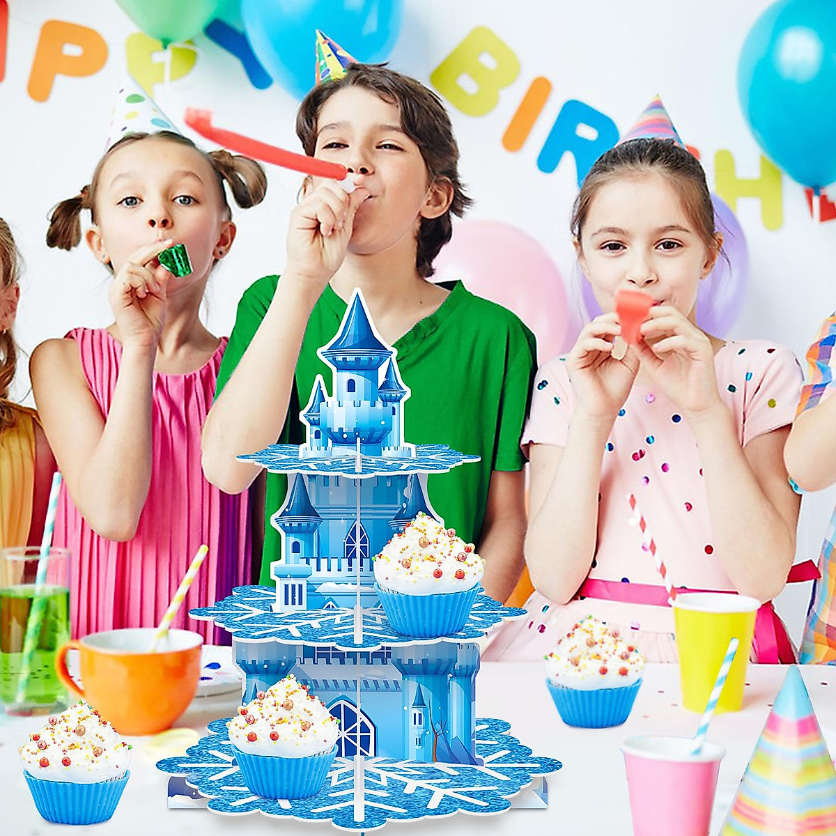 DALIAGRA 3 Tier Frozen Cupcake Stand Frozen Centerpieces Birthday Party Supplies Winter Wonder Princess Baby Shower Cake Table Decoration Snowflake Party Cupcake Holder for Girl Kids Party Favor