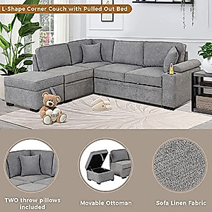 Harper & Bright Designs 87.4" Sleeper Sofa Bed, 2 in 1 Pull Out Sofa Bed L-Shape Couch with Storage Ottoman for Living Room, Bedroom and Small Apartment, Gray