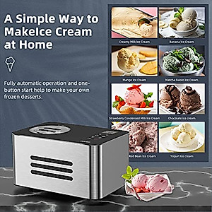 Ice Cream Maker, UKKISO 1.5 Quart Automatic Electronic Gelato Maker with 4 Operation Modes, Built-In Compressor, Portable Homemade Dessert Maker with Spoon, Ice Cream Machine for Home