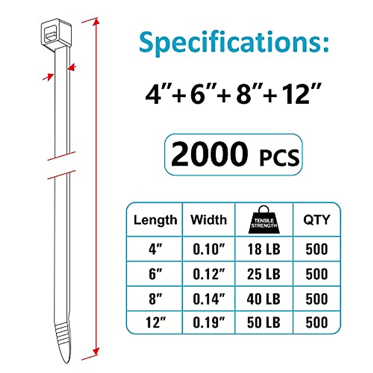 Zip Ties Assorted Sizes(4”+6”+8”+12”), 2000 Pack, Black Cable Ties, UV Resistant Wire Ties by ANOSON