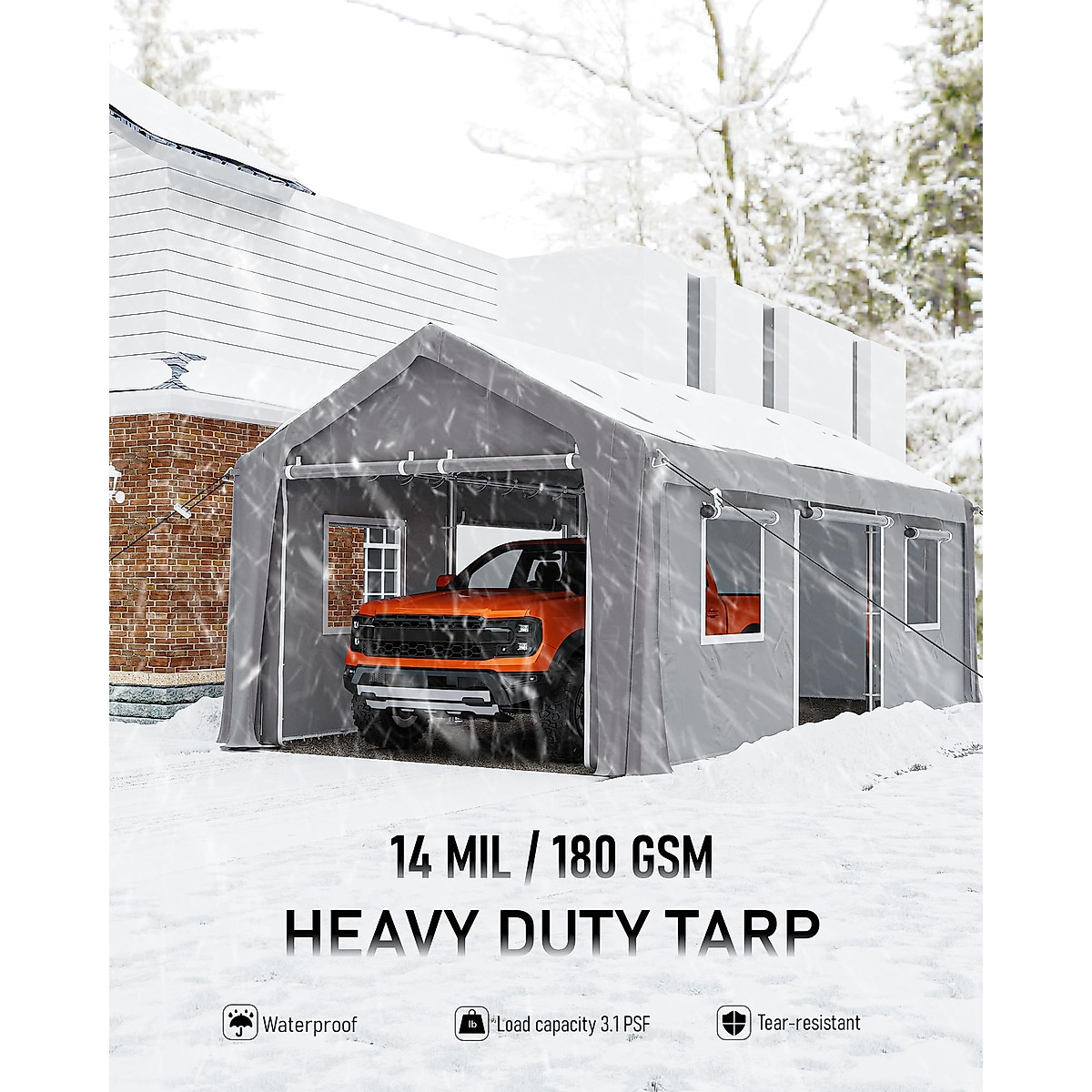 VORTEXTOVE Carport 13 x 20 ft, Portable Garage with 4 Roll-up Windows and 4 Doors for All Season, Reinforced Frames, for Sedans and Trucks, Gray