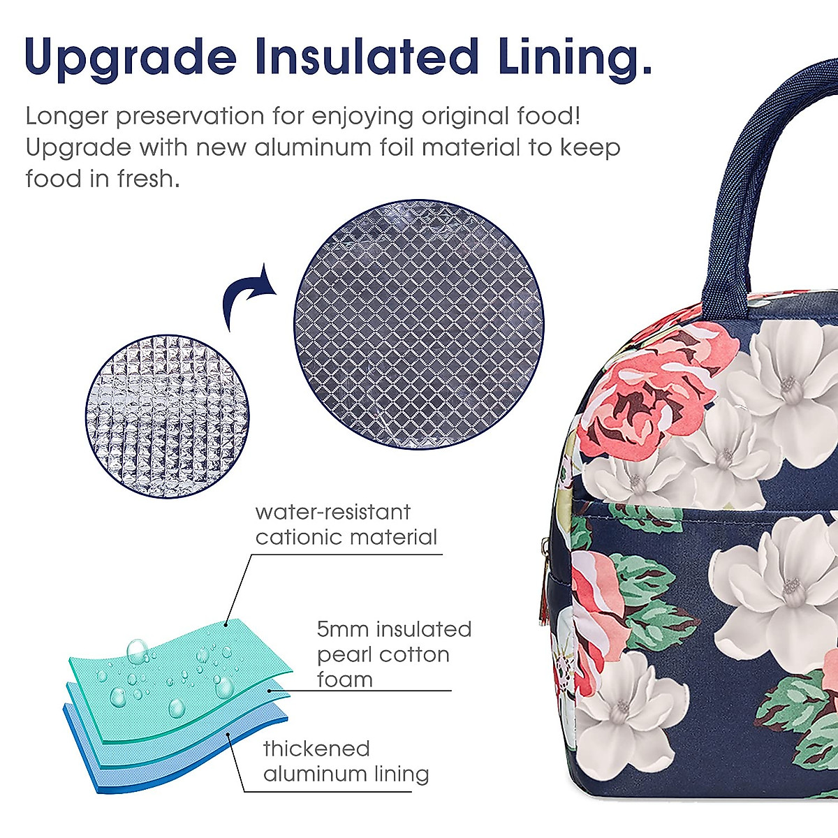 Lunch Bag Reusable Cooler Bag Lunch Box Containers Insulated Lunchbox Tote Bag Water-resistant Leakproof Womens Mens Office Work Hiking Picnic Fishing (Blue Peony with Upgrade Insulated Lining)