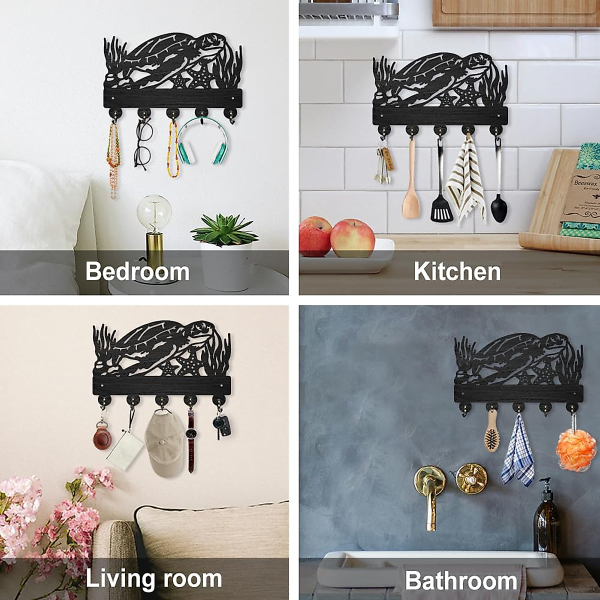 INFUNLY Ocean Theme Key Holder with 5 Key Hooks Black Wall Mounted Key Hangers Turtle Key Hangers Wood Key Rack for Home Decor Hallway, Entryway, Bedroom, Mudroom, Office 11.8inchx7.6inch