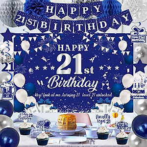 21st Birthday Decorations for Boys Girls, Blue Silver Happy 21st Birthday Party Decorations, Happy 21st Birthday Backdrop, Banner, Balloons, Hanging Swirls, Birthday Cards, Cake Toppers, Pompoms 54pcs