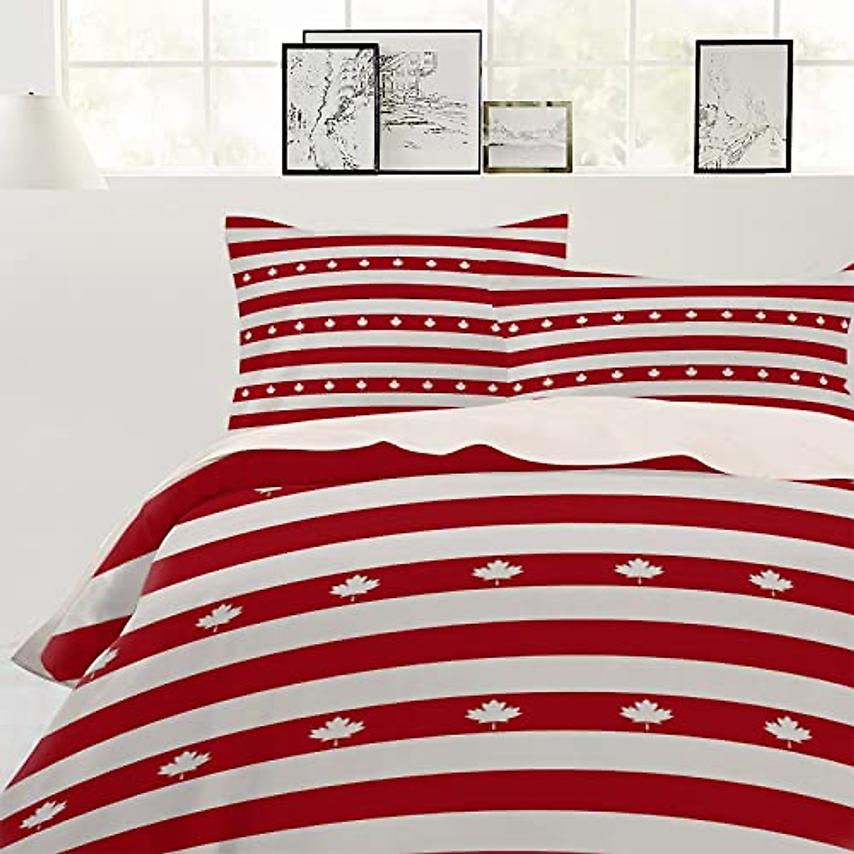 Queen Comforter Covers Sets Happy Canada Day 4 Piece Duvet Cover Set Lightweight Microfiber Soft Bedding Set for Adult Teen, Red Striped Maple Leaves