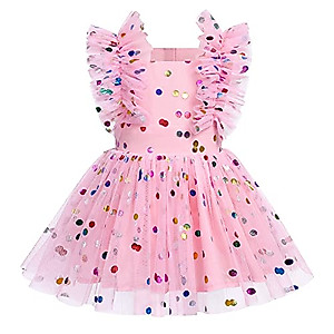 Baby Girls 1st Birthday Outfit Colorful Polka Dots Print Tulle Romper Ruffle Shoulder Straps Sleeveless Square Neck Princess Party Tutu Dress Cake Smash Clothes for Photo Shoot Pink 12-18 Months