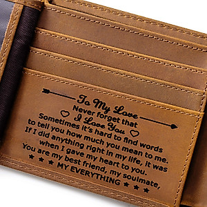 Fundykee Engraved Mens Wallet Personalized Leather Wallet for Men Husband Dad Son Boyfriend Love Custom Gifts (Tri-fold wallet to my love)