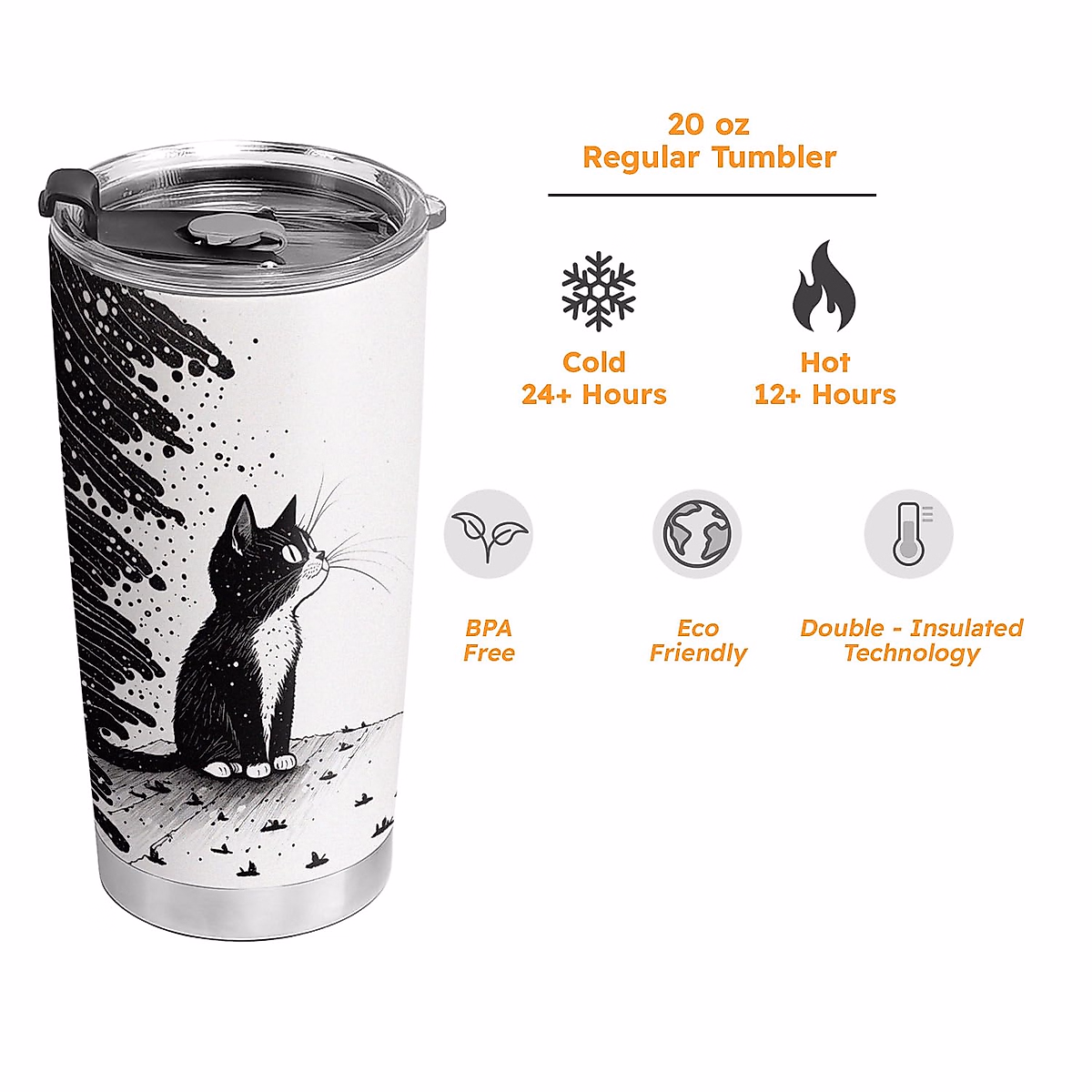 20oz Black and White Retro Vintage Cat Tumbler, Gifts for Cat Lovers, Coffee Thermos for Women, Stainless Steel Double Wall Vacuum Insulated Coffee Mug, Travel Cup with Lid