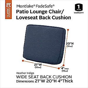 Classic Accessories Montlake FadeSafe Water-Resistant 21 x 20 x 4 Inch Patio Lounge Back Cushion, Heather Indigo Blue, Outdoor Loveseat Cushions