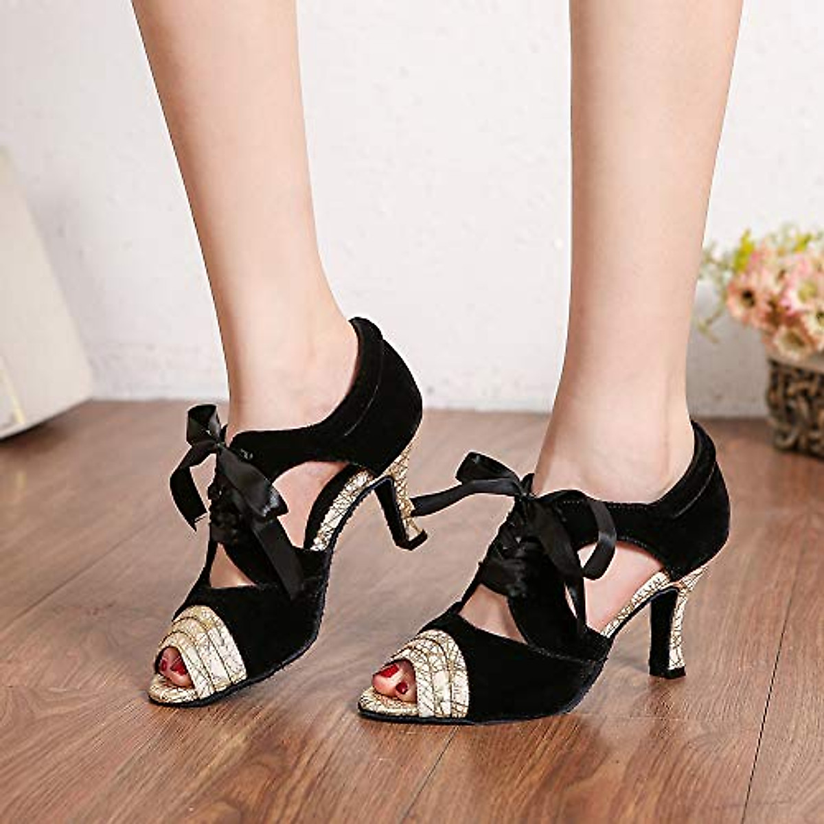 AOQUNFS Performance Dance Shoes Latin Dancing Shoes for Women Comfortable Salsa Ballroom Dance Heels,YCL310-Black Gold-5,US8