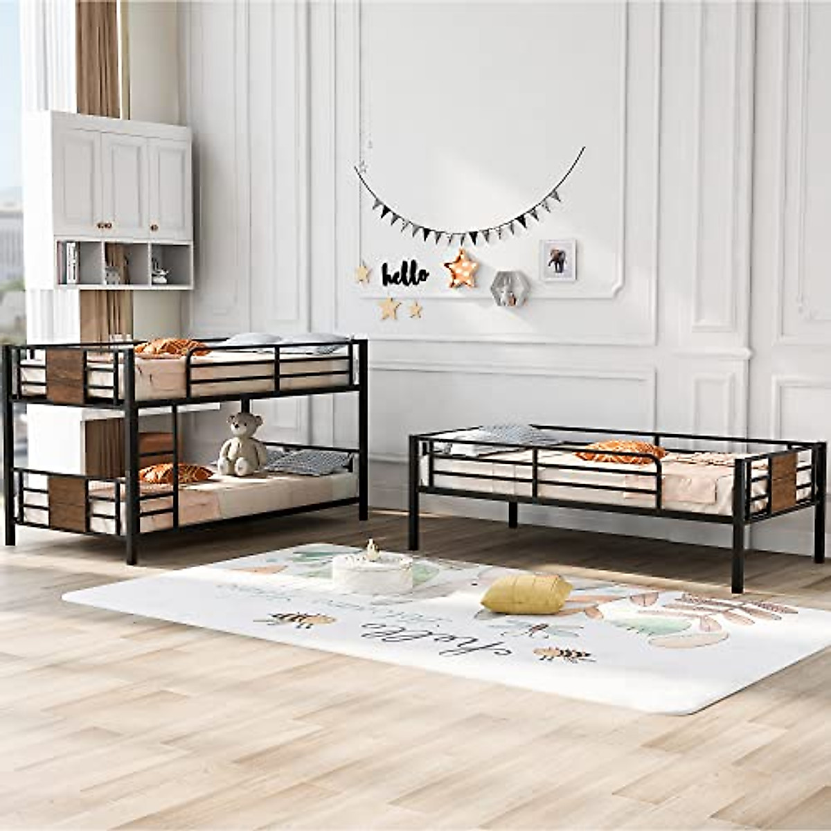 Metal Triple Bunk Bed for Kids,Twin-Over-Twin-Over-Twin Bunkbeds with Ladder and Safety Guardrails for Kids/Teen/Adults Bedroom,Divided into 3 Separate Beds,No Box Spring Needed,Brown
