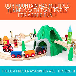 Maxim 50pc Mountain Train Set Set for Toddler with Double-Side Train Tracks Fits Brio, Thomas, Melissa and Doug, Kids Wood Toy Train for 3,4,5 Year Old Boys and Girls