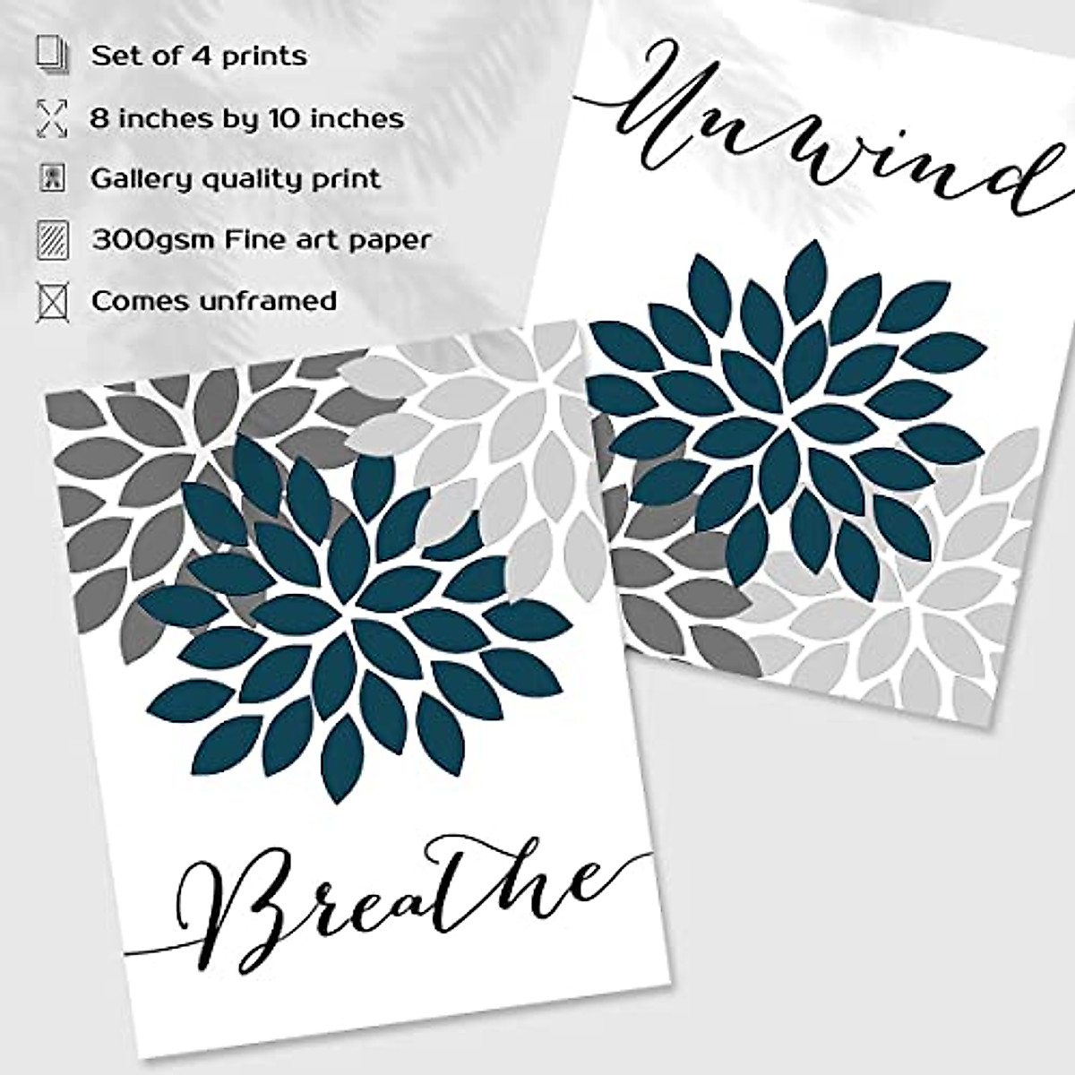 Relax Soak Unwind Breathe Bathroom Wall Decor, Bathroom Wall Art, Bathroom Pictures Wall Decor, Bathroom Decor Wall Art, Teal Blue Bathroom Decor, Bathroom Decor (Set of 4, 8X10in, Unframed)