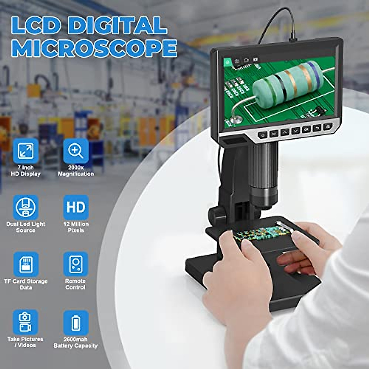 HAMOPY 2000X LCD Digital Microscope with Remote Control, 1080P Coin Microscope with 32GB Card, 7'' IPS Display Biological Microscope, 10 LED Lights, PC View, Photo/Video, Compatible for Windows/Mac/OS
