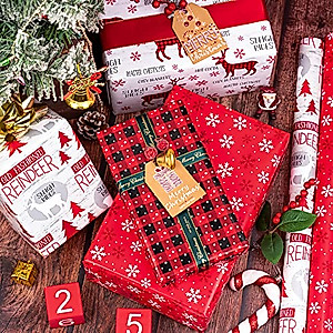 WRAPAHOLIC Christmas Wrapping Paper Roll - Rustic Holiday Woodland Scenes - Snowflake, Plaid, Reindeer - 4 Rolls - 30 Inch X 120 Inch Per Roll